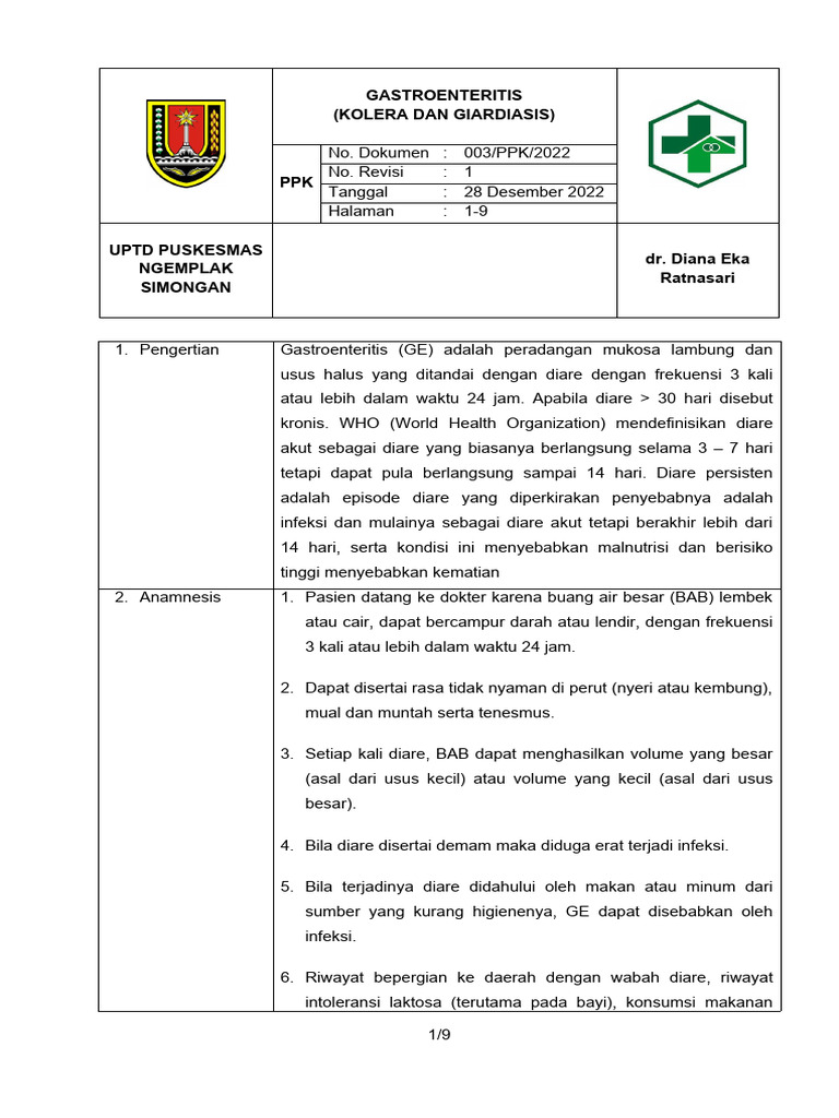 PPK Gastroenteritis (Kolera Dan Giardiasis) | PDF