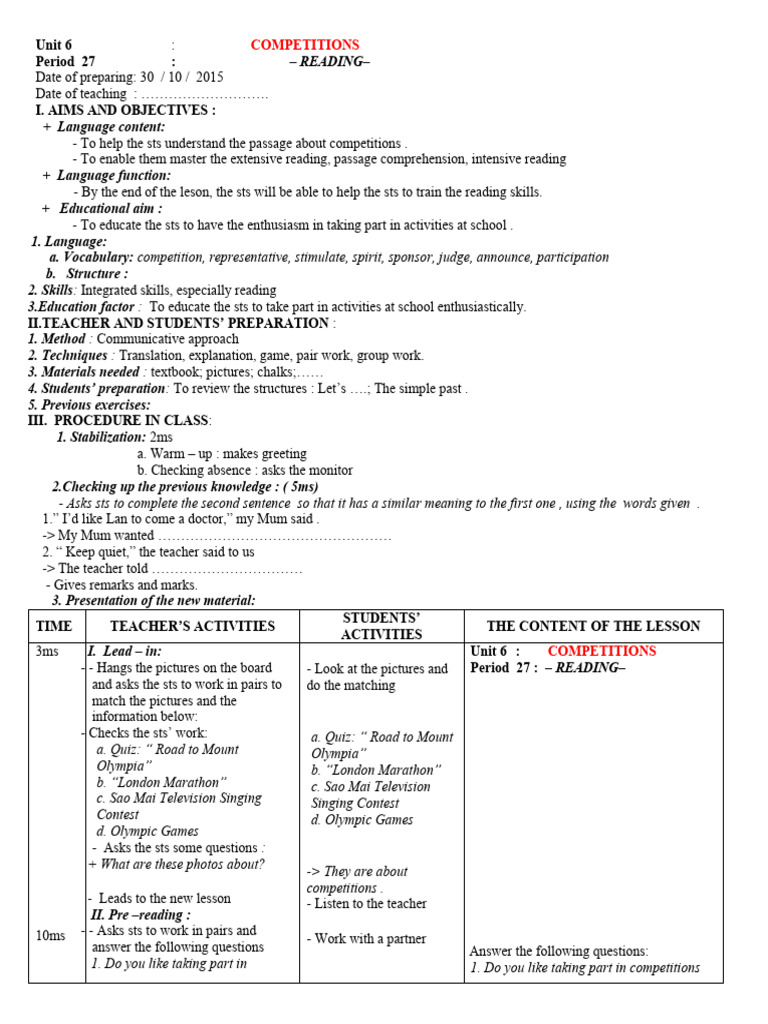 Unit 6 Competitions | PDF | Question | Vocabulary
