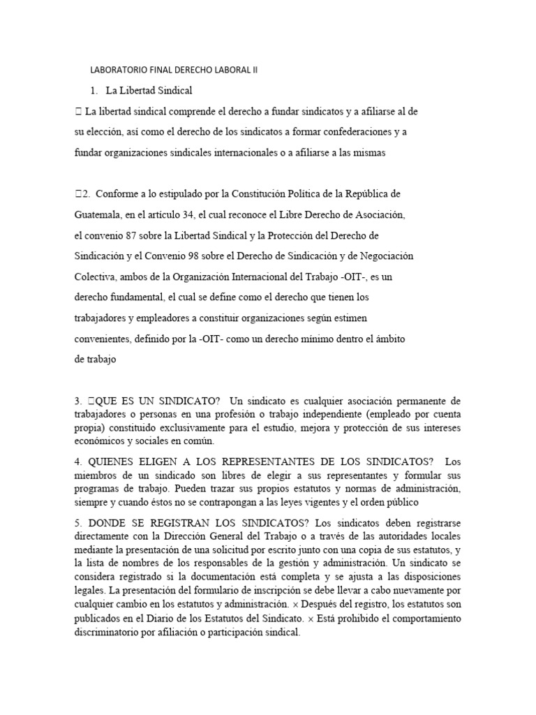 Laboratorio Final Derecho Laboral Ii | PDF | Sindicato | Organización Internacional del Trabajo