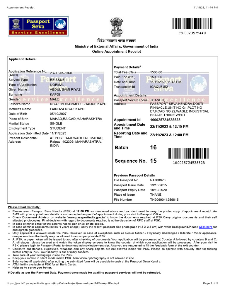 Appointment Receipt for Abdul Sami Kapdi | PDF | Identity Document ...