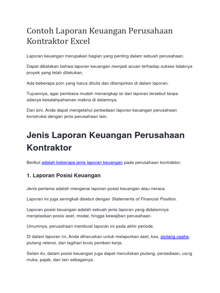 Contoh Laporan Keuangan Perusahaan Kontraktor Excel | PDF