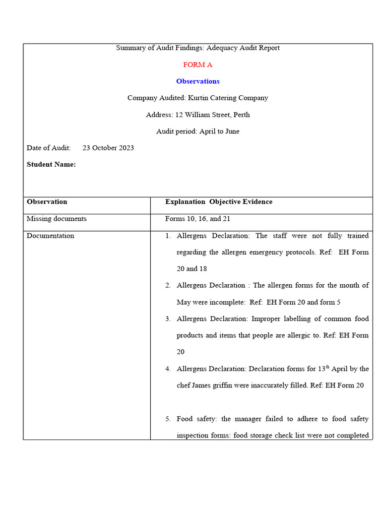 Audit Report | PDF | Kitchen | Food And Drink