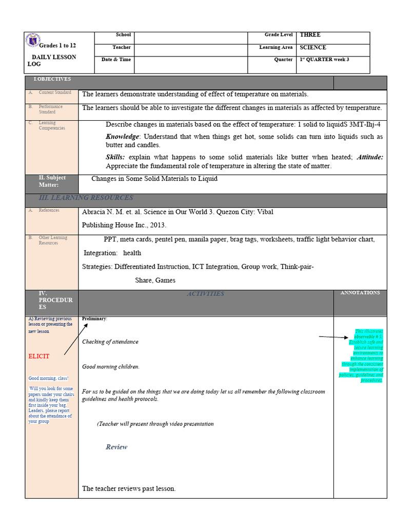 Q1 COT Science 3 SOLID TO LIQUID | PDF | Liquids | Learning
