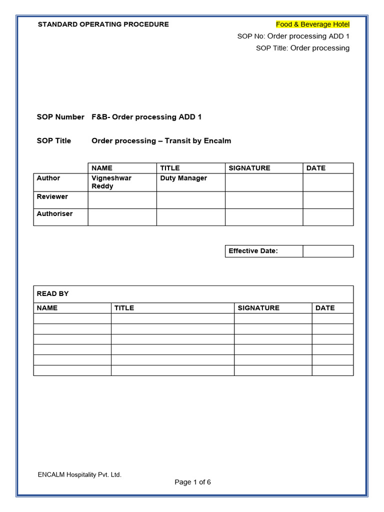 Order Processing ADD-1 SOP | PDF | Point Of Sale | Restaurants