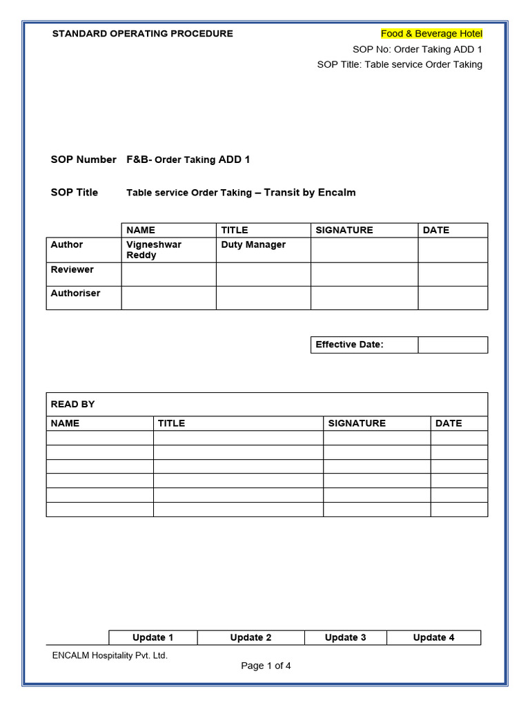 Order Taking ADD - 1 SOP | PDF | Waiting Staff | Food And Drink