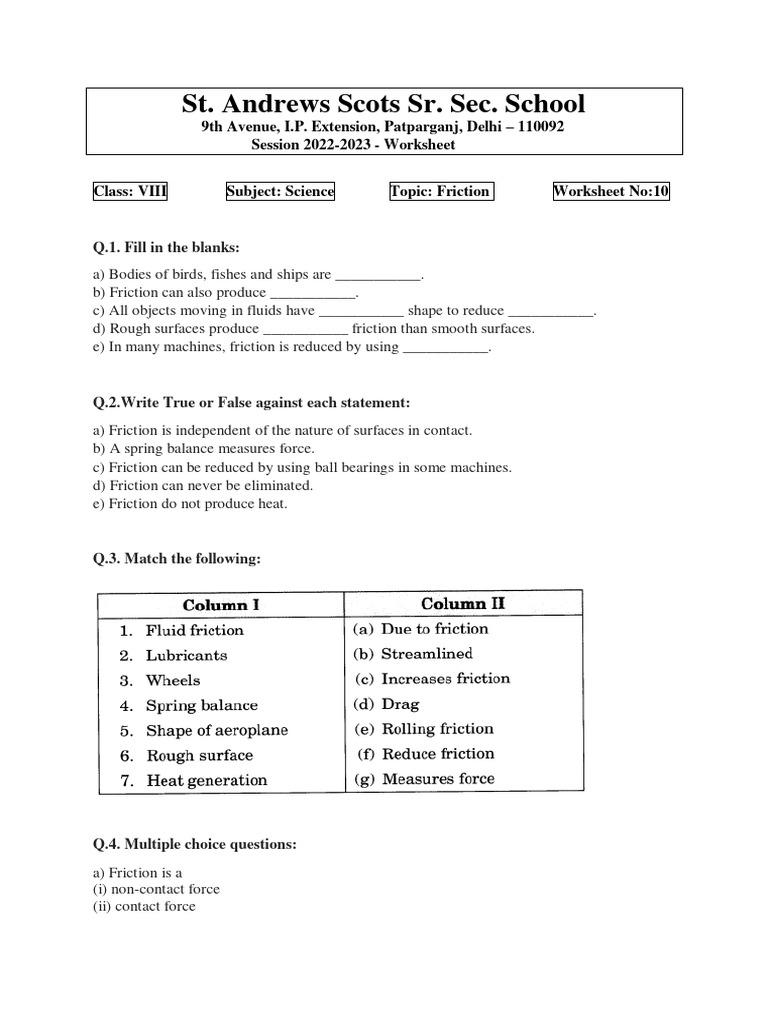Class 8 Science Friction Worksheet | PDF | Teaching Methods & Materials