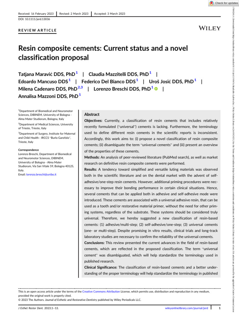 Resin Composite Cements - Current Status and A Novel Classification ...