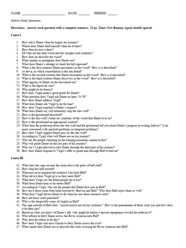 Dantes Inferno Study Questions 12 13 | PDF | Hell | Dante Alighieri