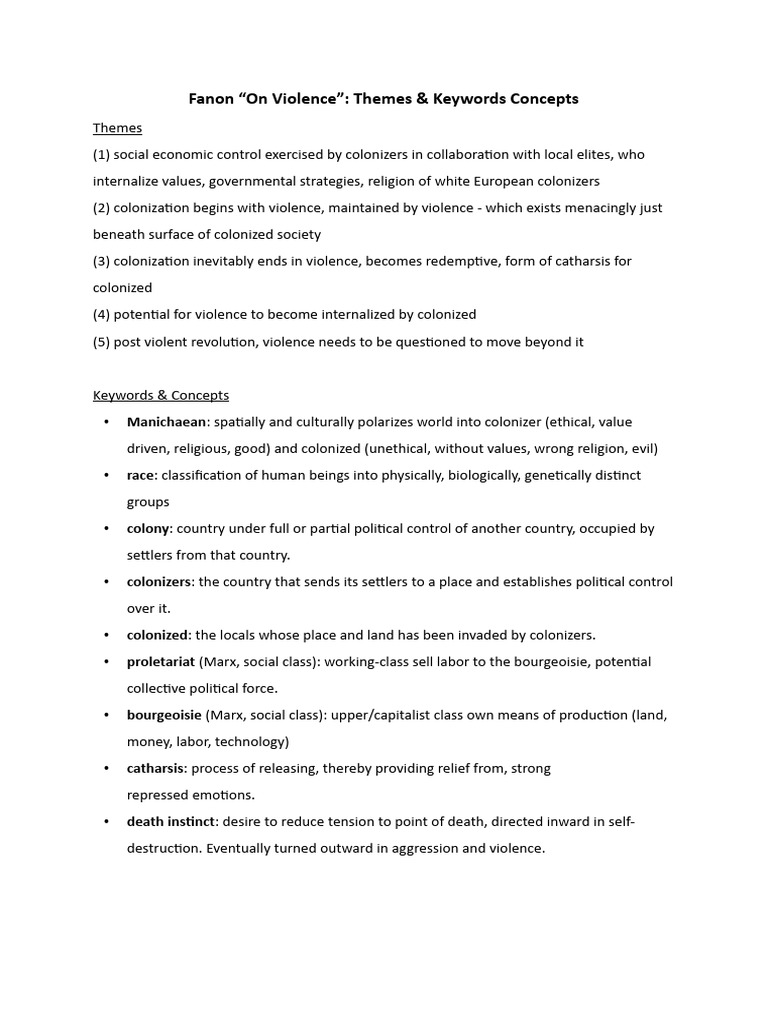 Fanon On Violence Themes & Keywords Concepts | PDF