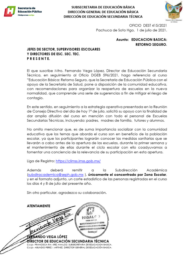 Oficio Dest 415-2021 Retorno Seguro | PDF | Educación primaria