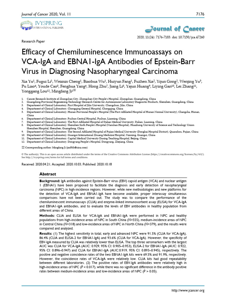 CE11. CLIA-Efficacy of CLIA On VCA-IgA and EBNA1-IgA Antibodies of EB ...