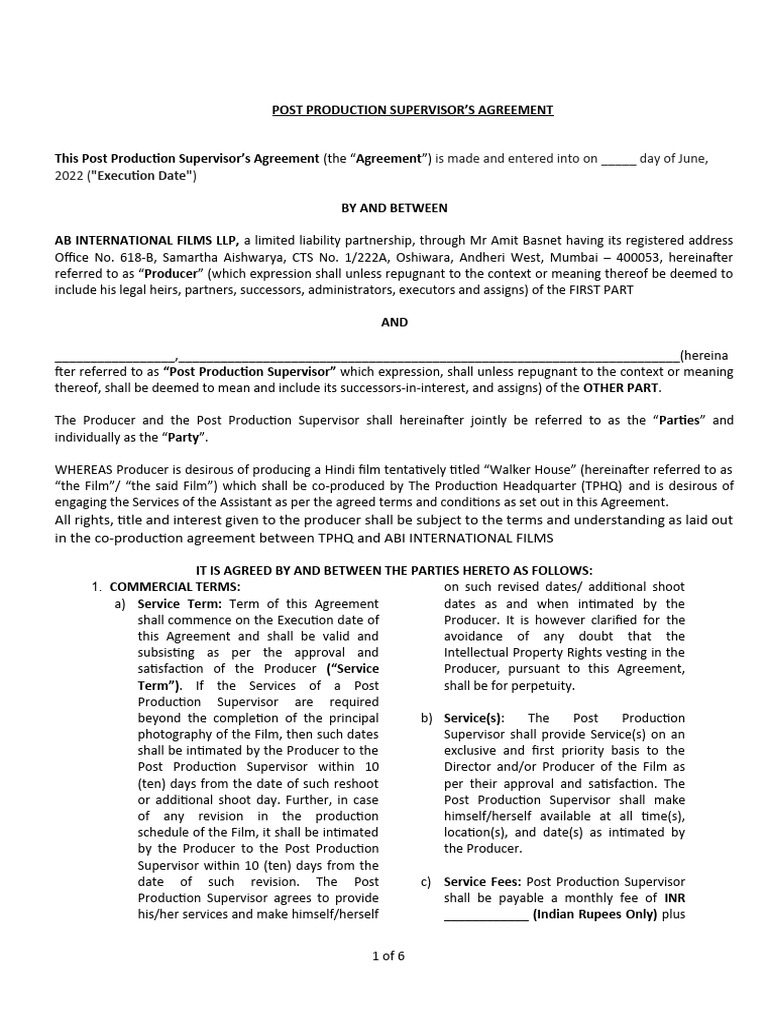 Post Production Supervisor Agreement | PDF | Breach Of Contract | Copyright