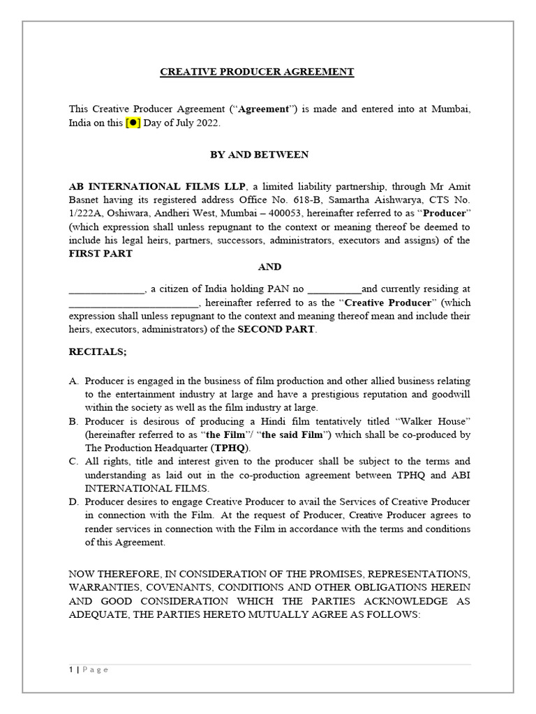 Creative Producer Agreement Template | PDF | Breach Of Contract | Trade ...