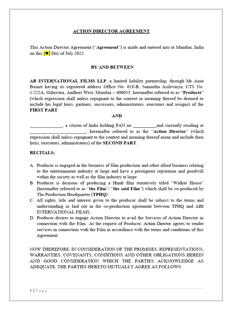 Action Director Agreement for Hindi Film | PDF | Trade Secret | Breach ...