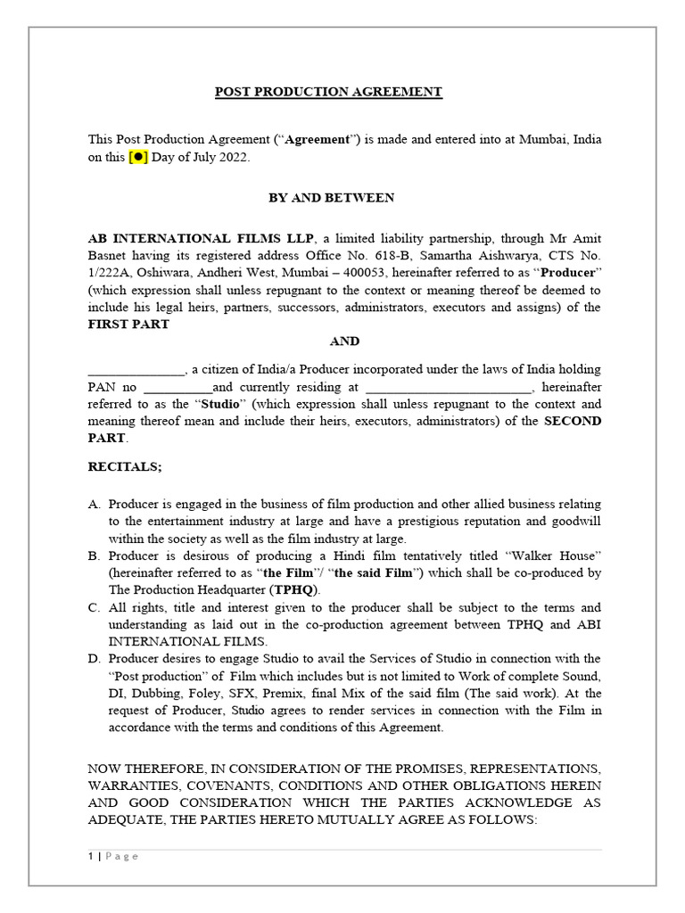 Post Production Agreement | PDF | Breach Of Contract | Indemnity
