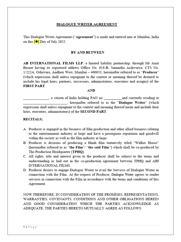 Dialogue Writer Agreement | PDF | Indemnity | Breach Of Contract