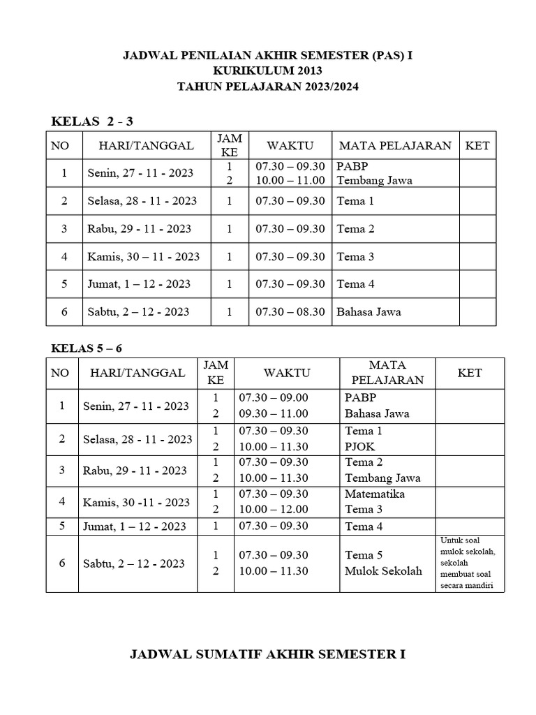 Jadwal Pas 1 & Sas TH 2023-2024 | PDF