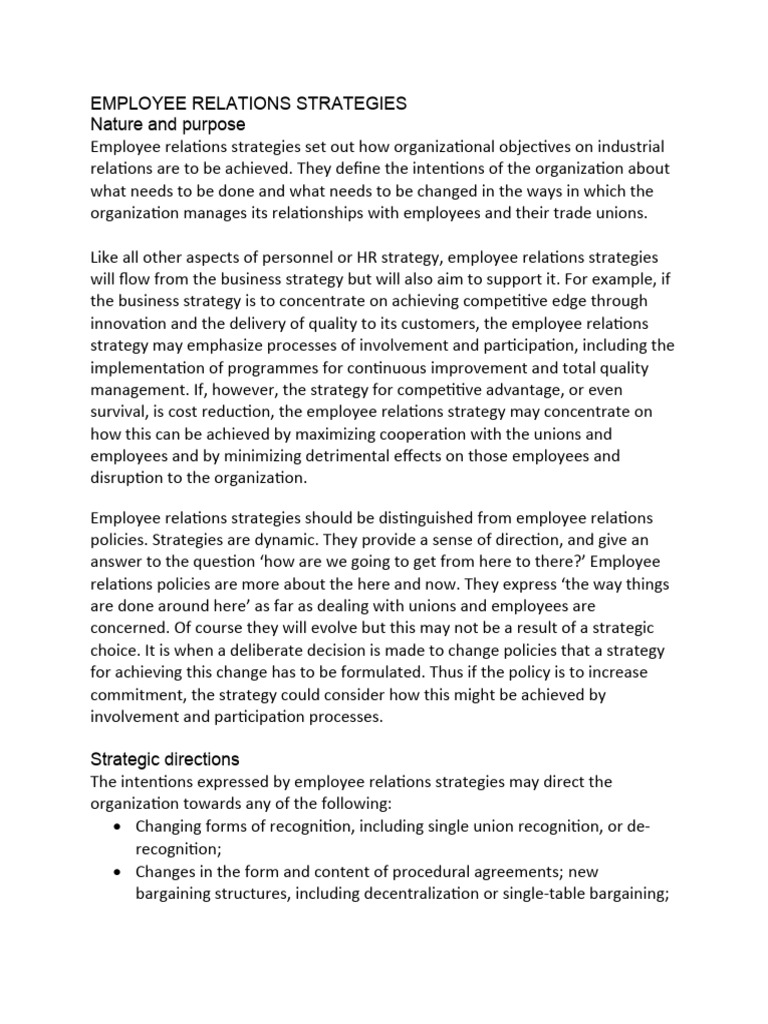 Employee Relations Strategies | PDF | Employment | Strategic Management