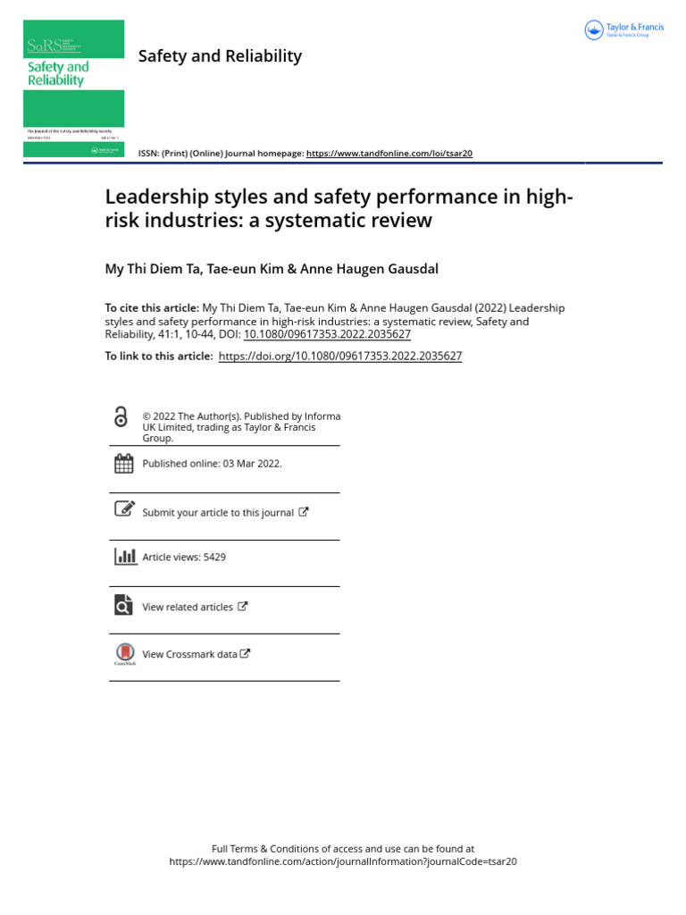 Leadership Styles and Safety Performance in High-Risk Industries A ...