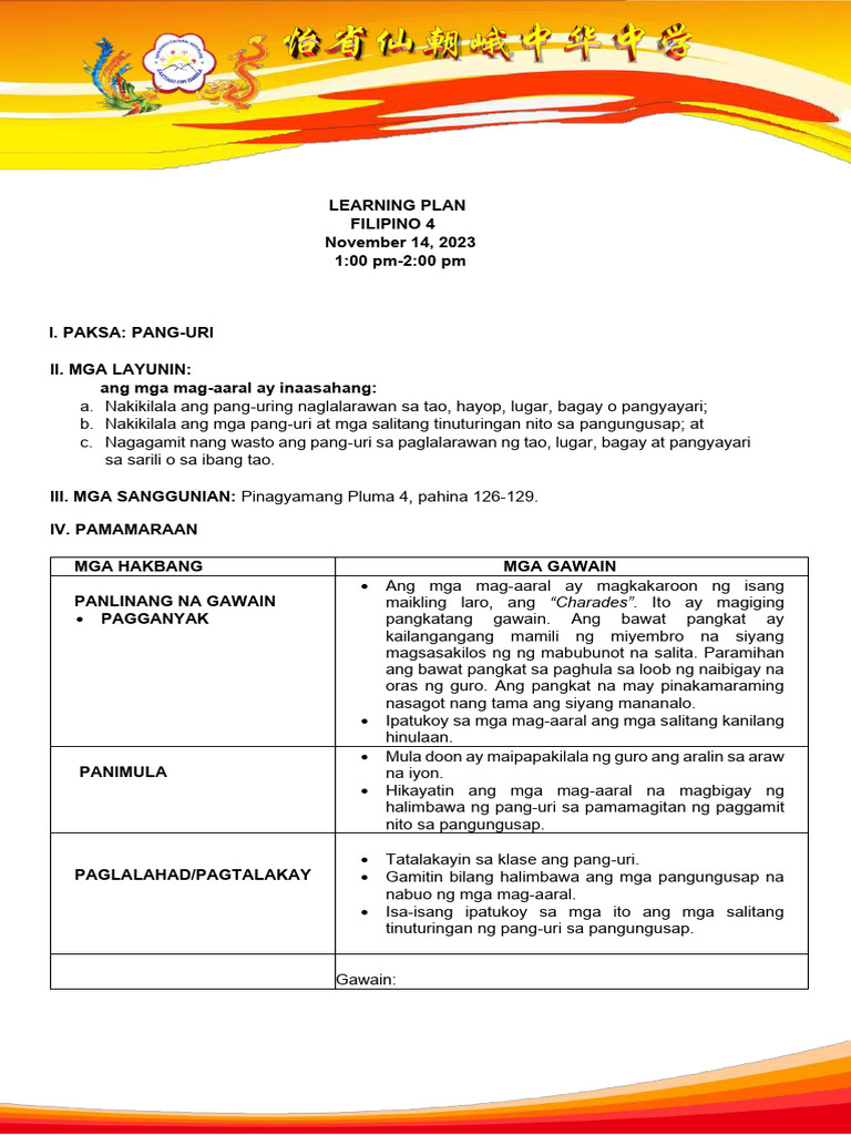 Learning Plan - Fil 4 - Pang-Uri | PDF