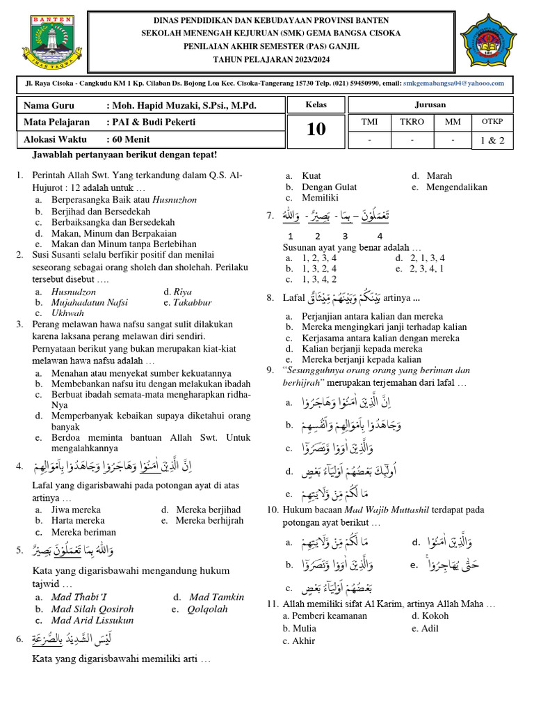 SOAL PAI Kelas 10 OTKP | PDF