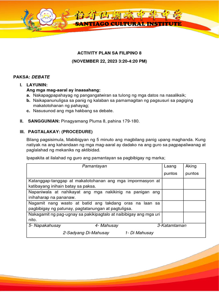 Activity Plan-Fil 8 - Debate | PDF