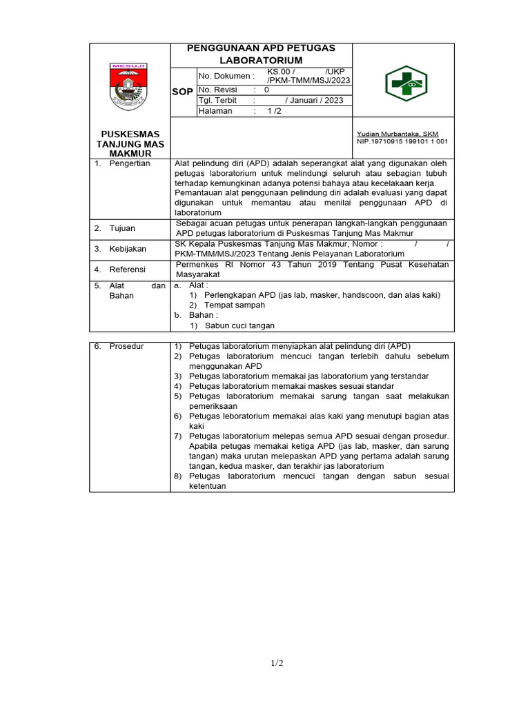 3.9 SOP Penggunaan APD Petugas Lab | PDF | Sains & Matematika