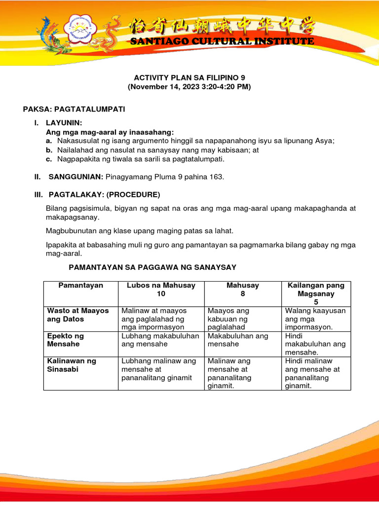 Activity Plan-Fil 9 - Pagsasagawa NG Talumpati | PDF