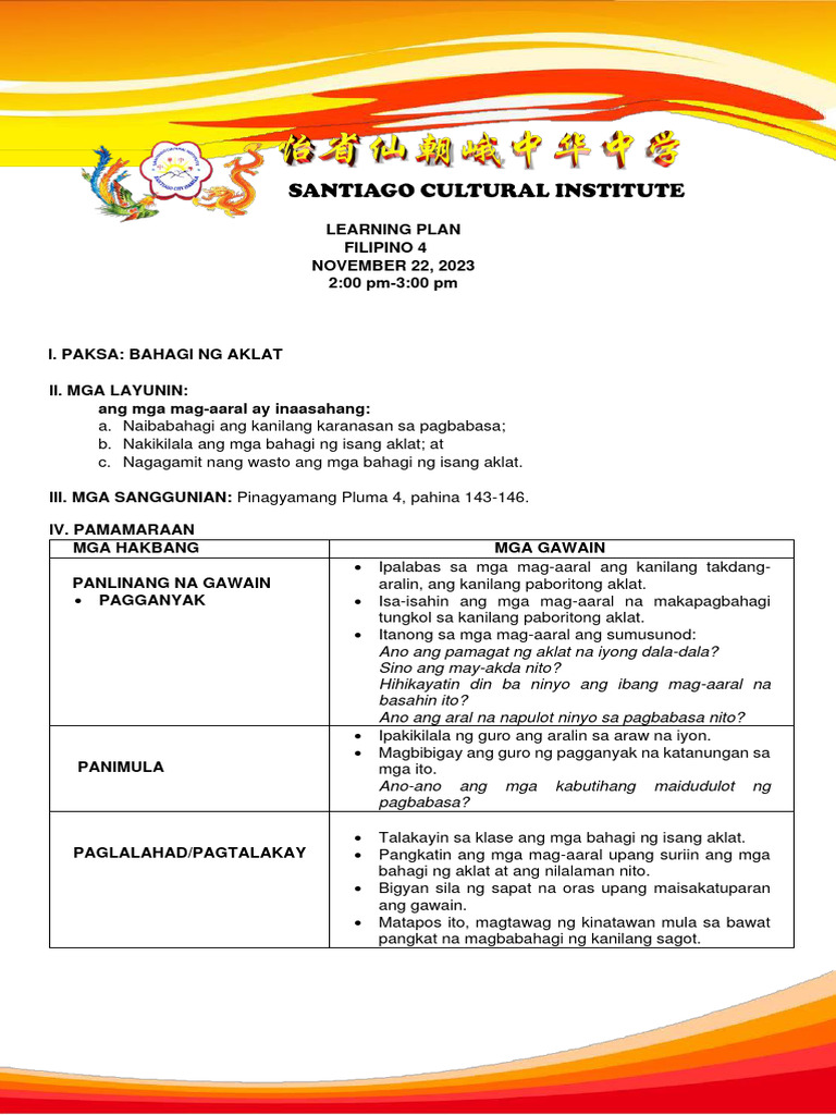 Learning Plan-Fil 4 - Mga Bahagi NG Aklat | PDF