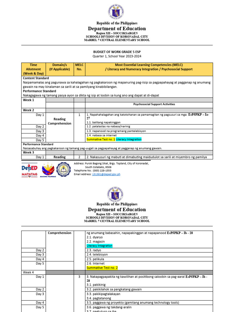 Grade 5 Esp Bow Q1 | PDF