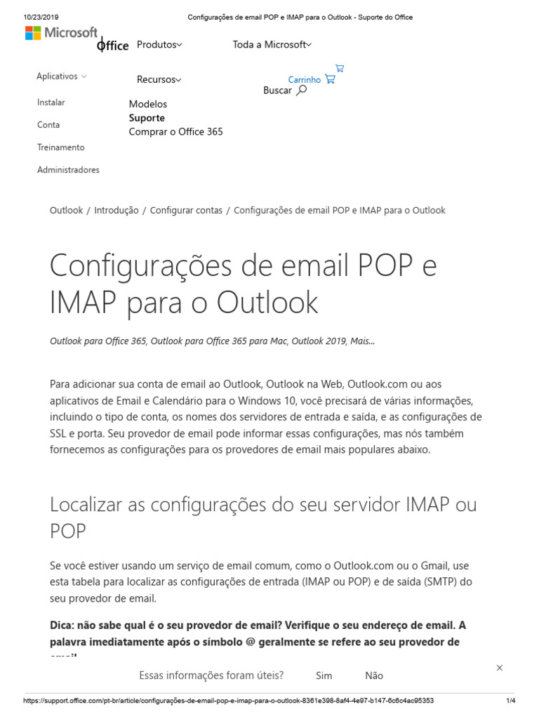 Configurações de Email POP e IMAP para o Outlook - Suporte Do Office ...