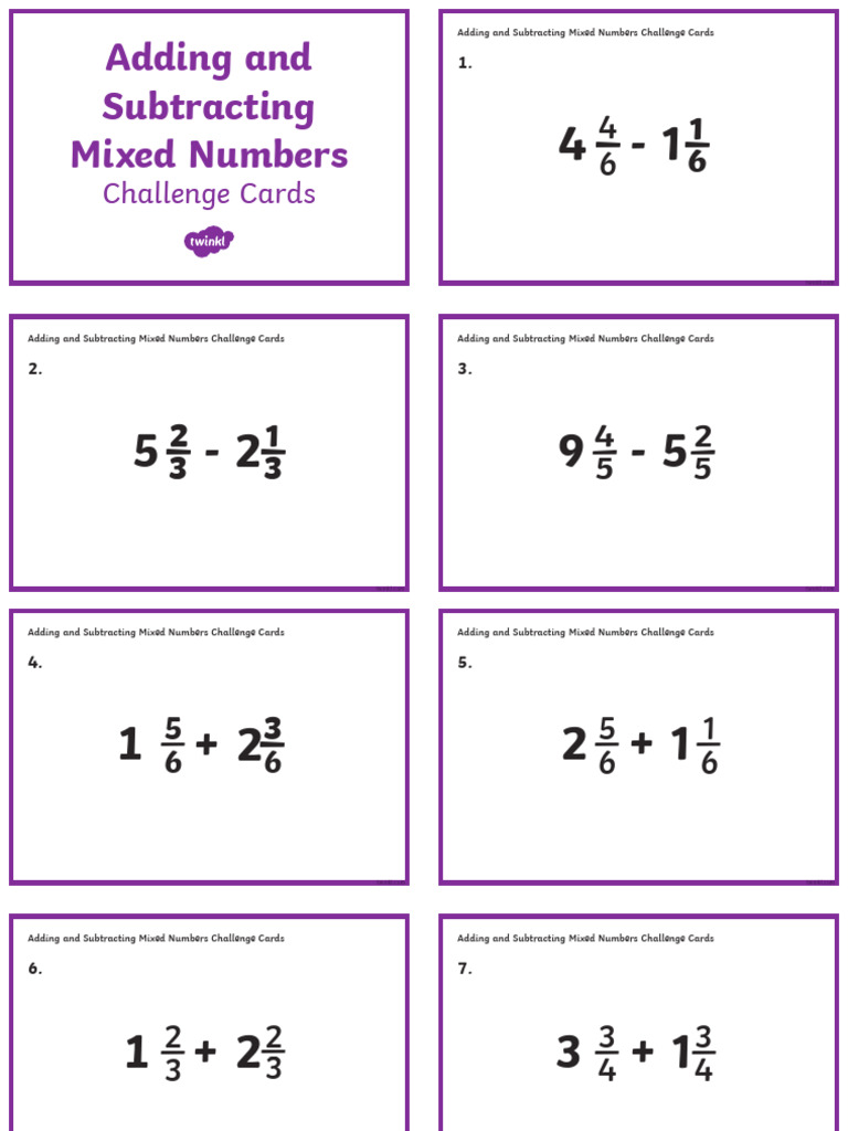 Adding and Subtracting Mixed Numbers: Challenge Cards | PDF