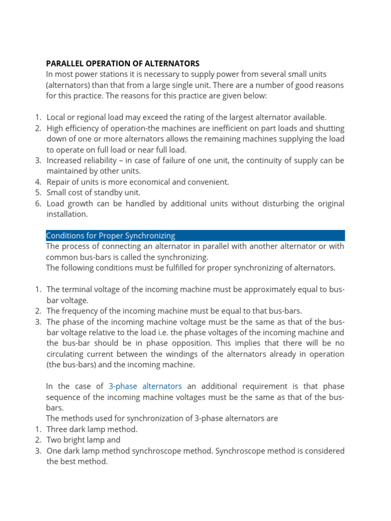 Parallel Operation of Alternators | PDF