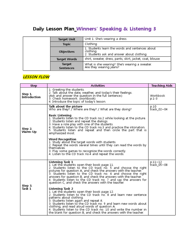 (Lesson Plan) WINNERS 3 - Daily | PDF | Question | Lesson Plan