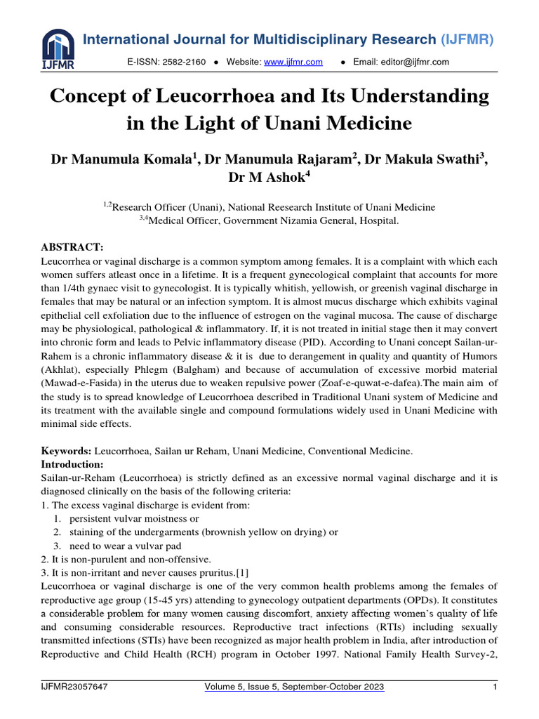 Concept of Leucorrhoea and Its Understanding in The Light of Unani ... Concept of Leucorrhoea and Its Understanding in The Light of Unani ...