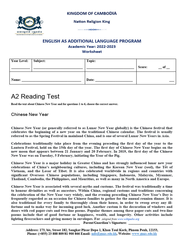Chinese New Year Reading Test | PDF | Festival | Asia