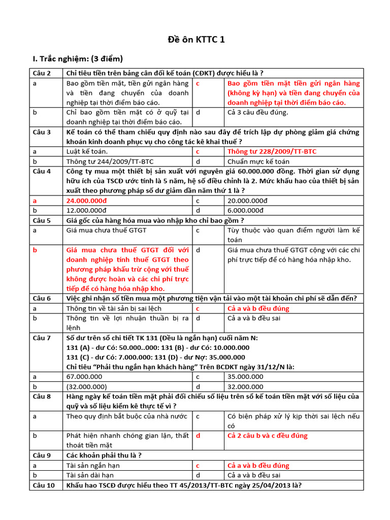 Đề ôn KTTC 1 | PDF