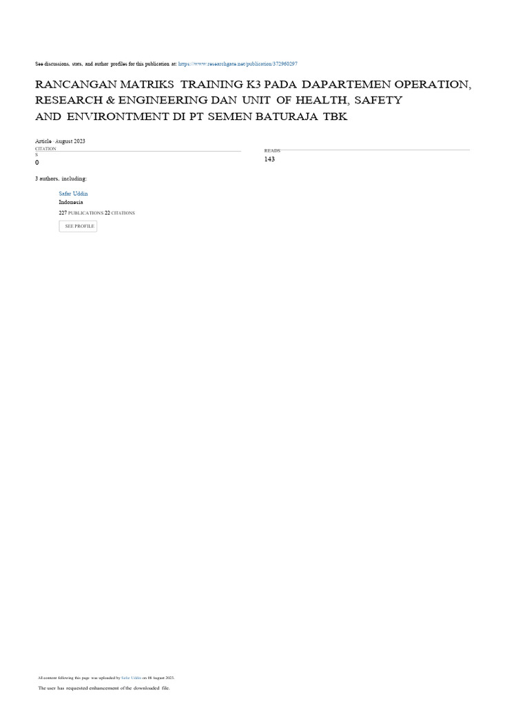 Rancangan Matriks Training K3 Pada Dapartemen Operation, Research ...