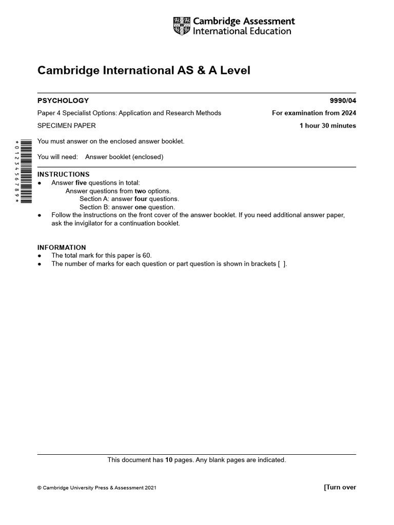 Cambridge International AS & A Level: PSYCHOLOGY 9990/04 | PDF | Menu ...