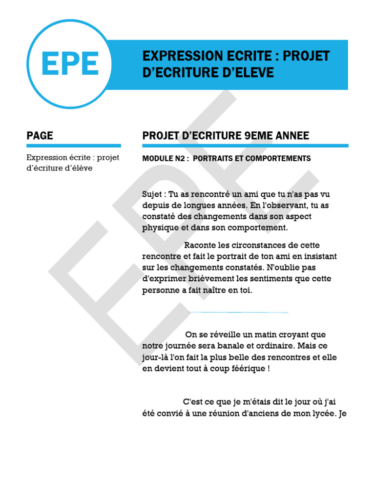 Projet D'ecriture 1 Module 2 9eme Annee | PDF