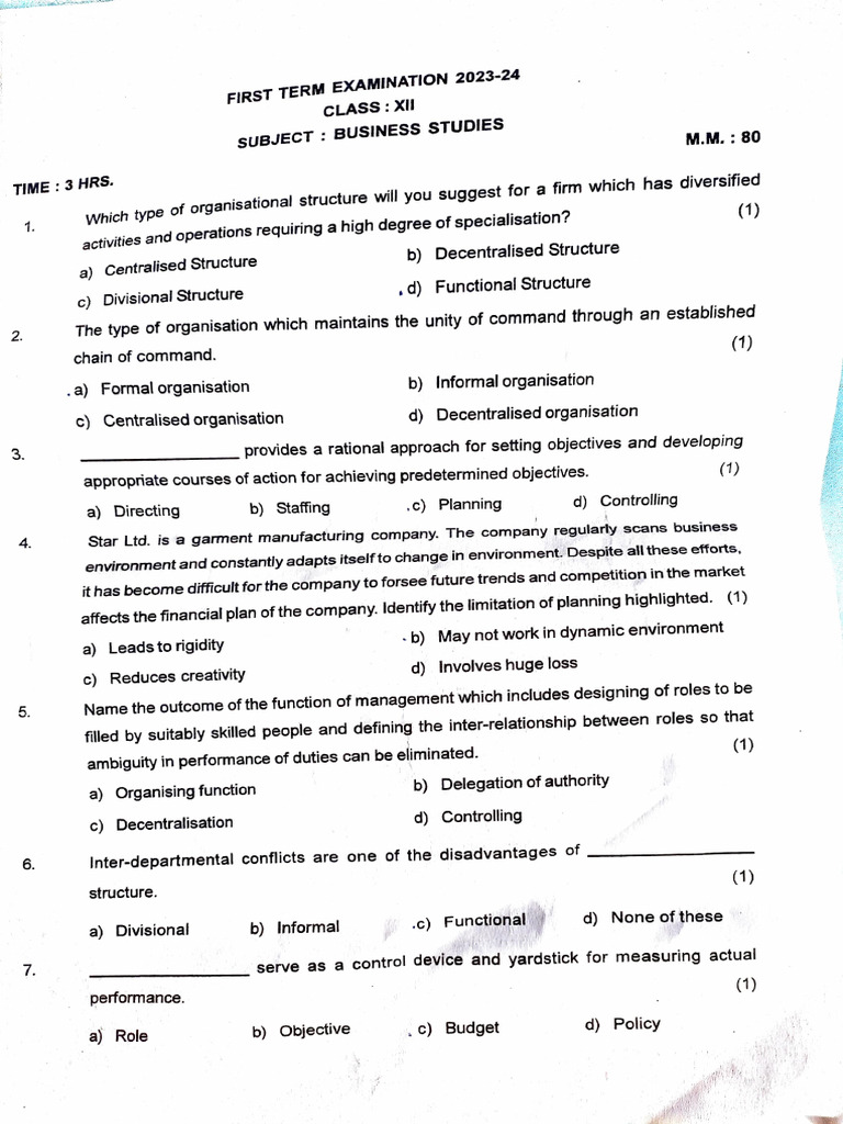 Business Studies Question Paper Class 12 | PDF | Legal Tender ...