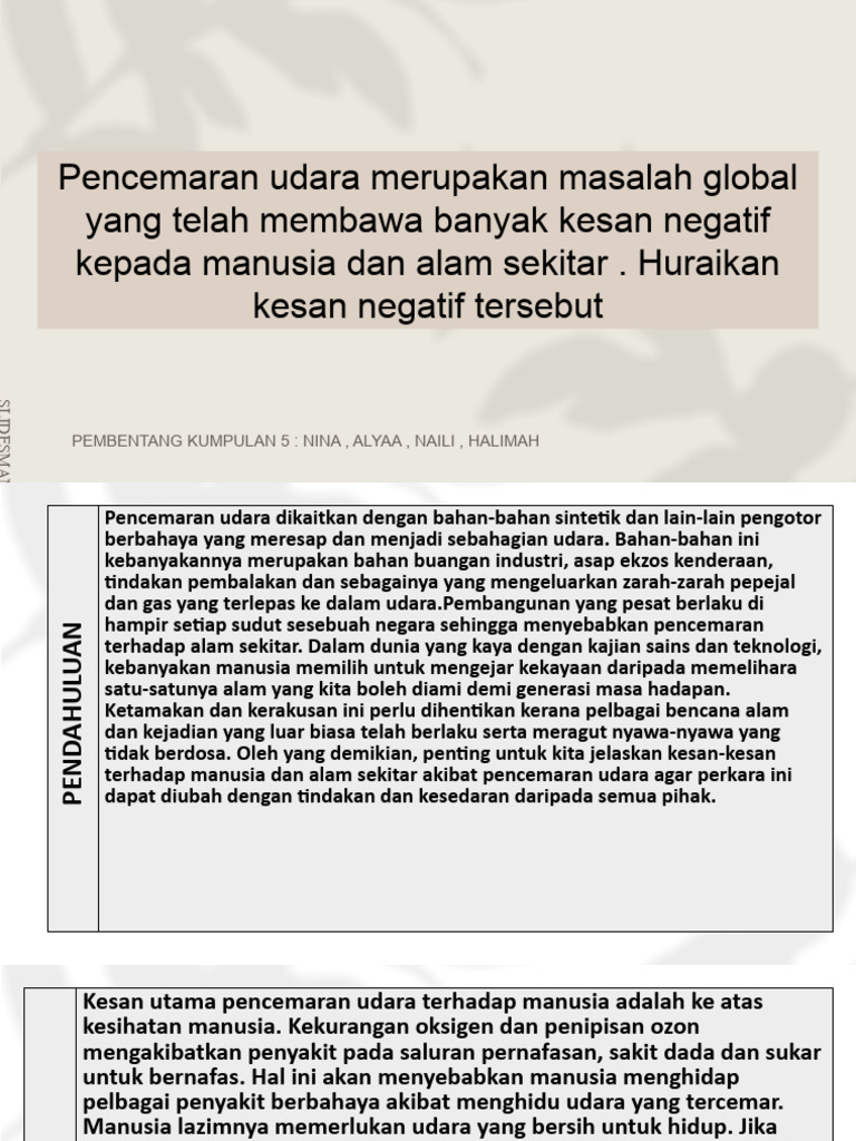 Karangan Kesan Negatif Pencemaran Udara KPD Alam Sekitar | PDF