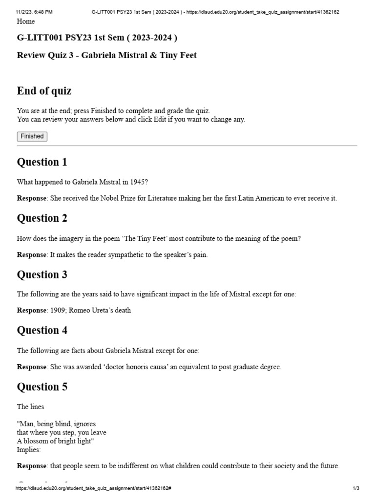 Literature Quiz: Gabriela Mistral | PDF | Poetry