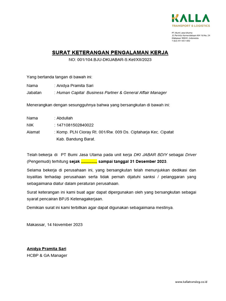 Surat Paklaring Pengalaman Kerja Driver | PDF