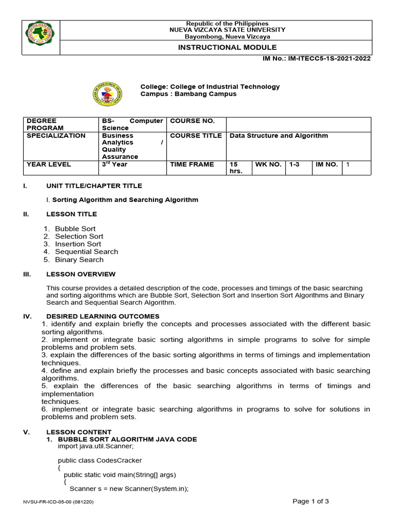 Student IM Sorting Algorithm and Searching Algorithm | PDF | Algorithms ...