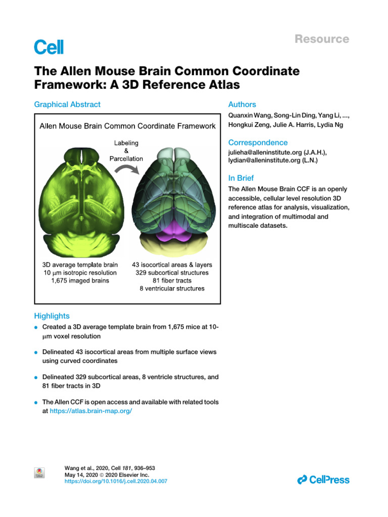The Allen Mouse Brain Common Coordinate Framework - A 3D Reference ...