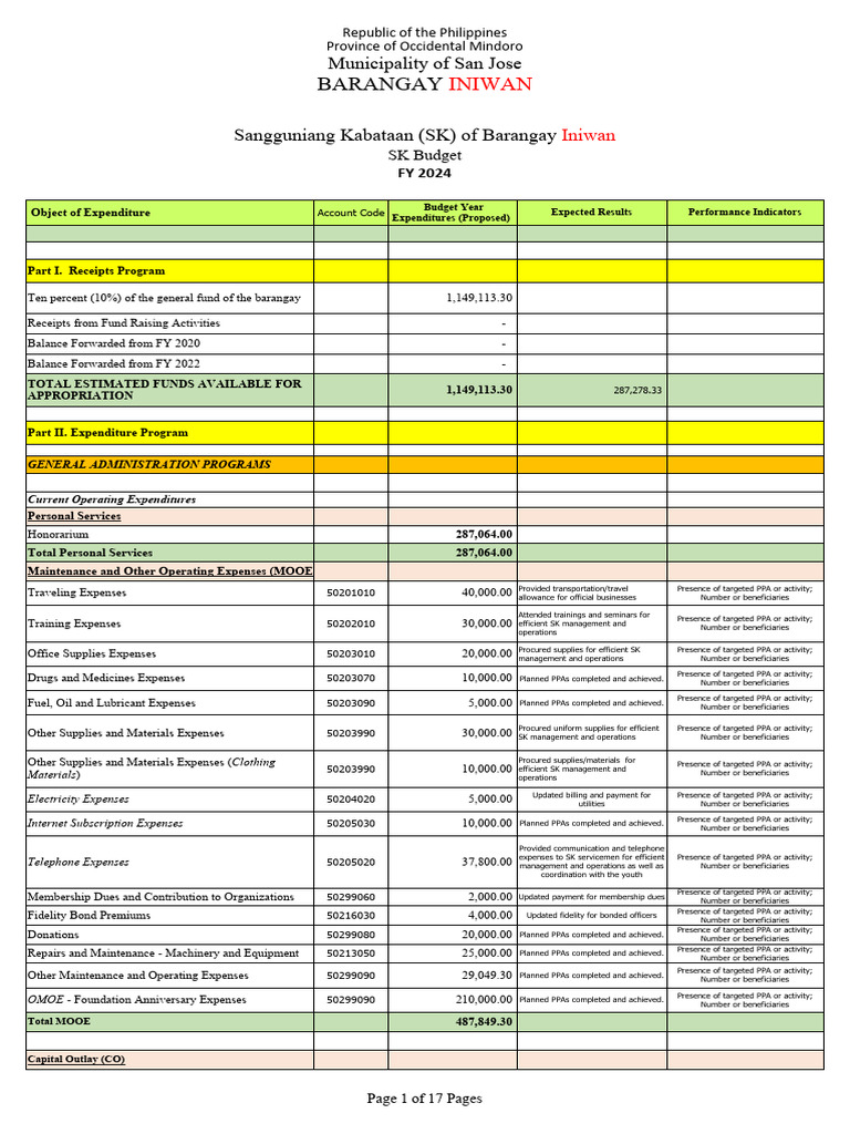 SK Budget Proposal for Barangay Iniwan 2024 | PDF | Expense | Disaster ...