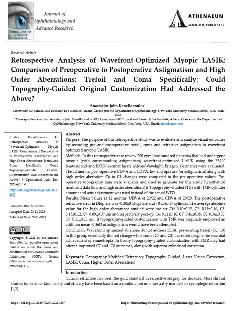 Retrospective Analysis of Wavefront Optimized Myopic LASIK Comparison of Preoperative To ...