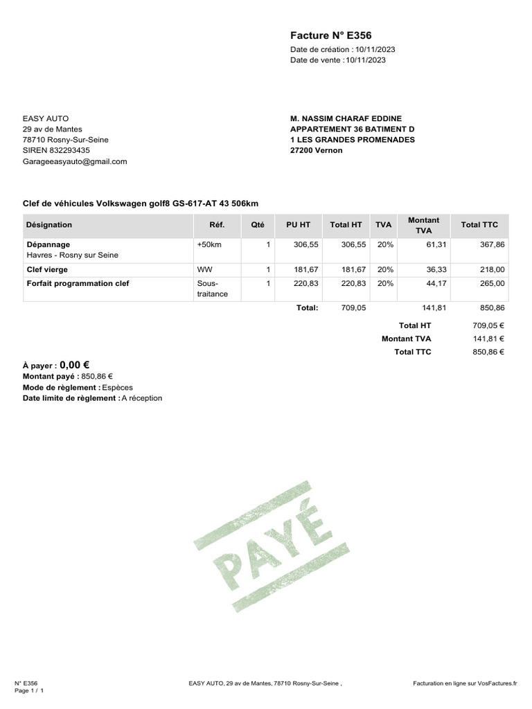 Facture Garage Easy Auto E356 | PDF | Taxe sur la valeur ajoutée ...