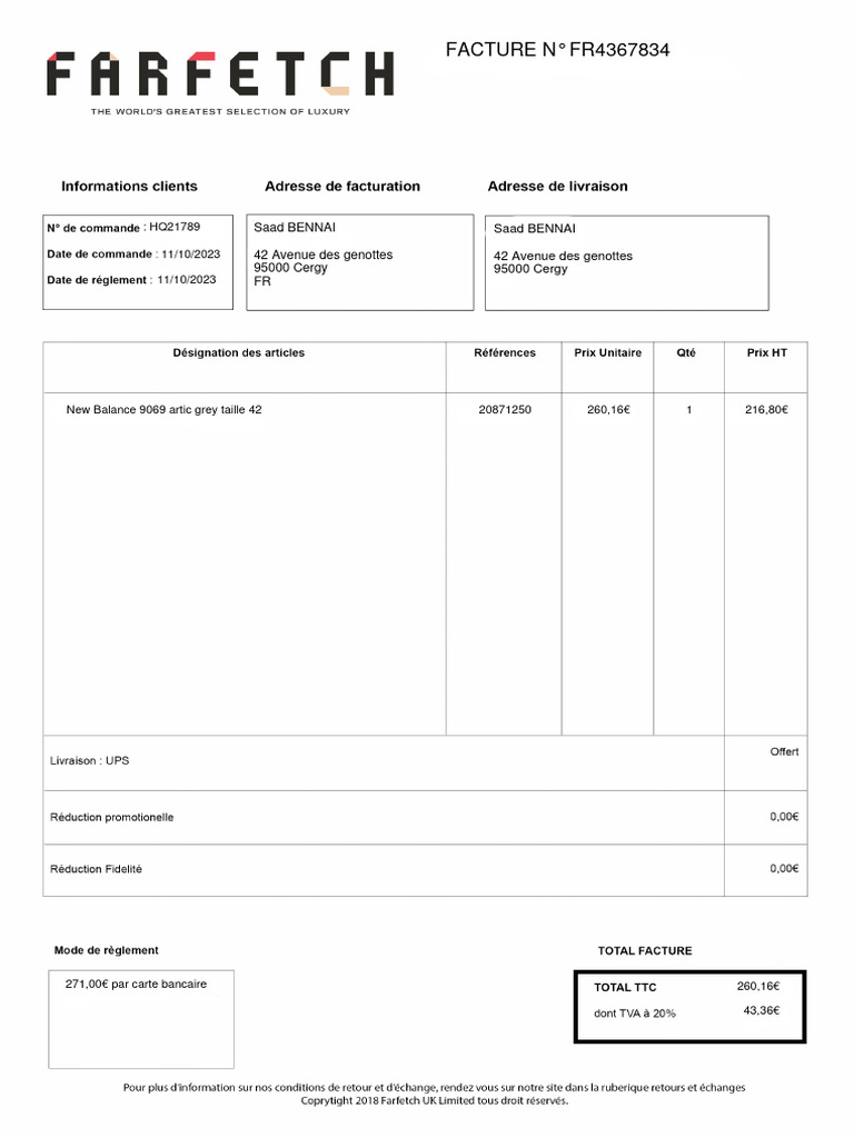 Facture Farfetch | PDF